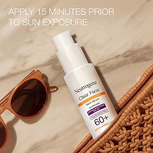 Neutrogena Clear Face Serum Sunscreen with Green Tea, Broad Spectrum SPF 60+, Non-Comedogenic Face Sunscreen for Lightweight UVA/UVB Protection, Oxybenzone- & Fragrance-Free, 1.7 fl. Oz