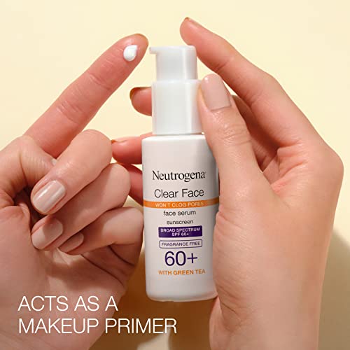 Neutrogena Clear Face Serum Sunscreen with Green Tea, Broad Spectrum SPF 60+, Non-Comedogenic Face Sunscreen for Lightweight UVA/UVB Protection, Oxybenzone- & Fragrance-Free, 1.7 fl. Oz