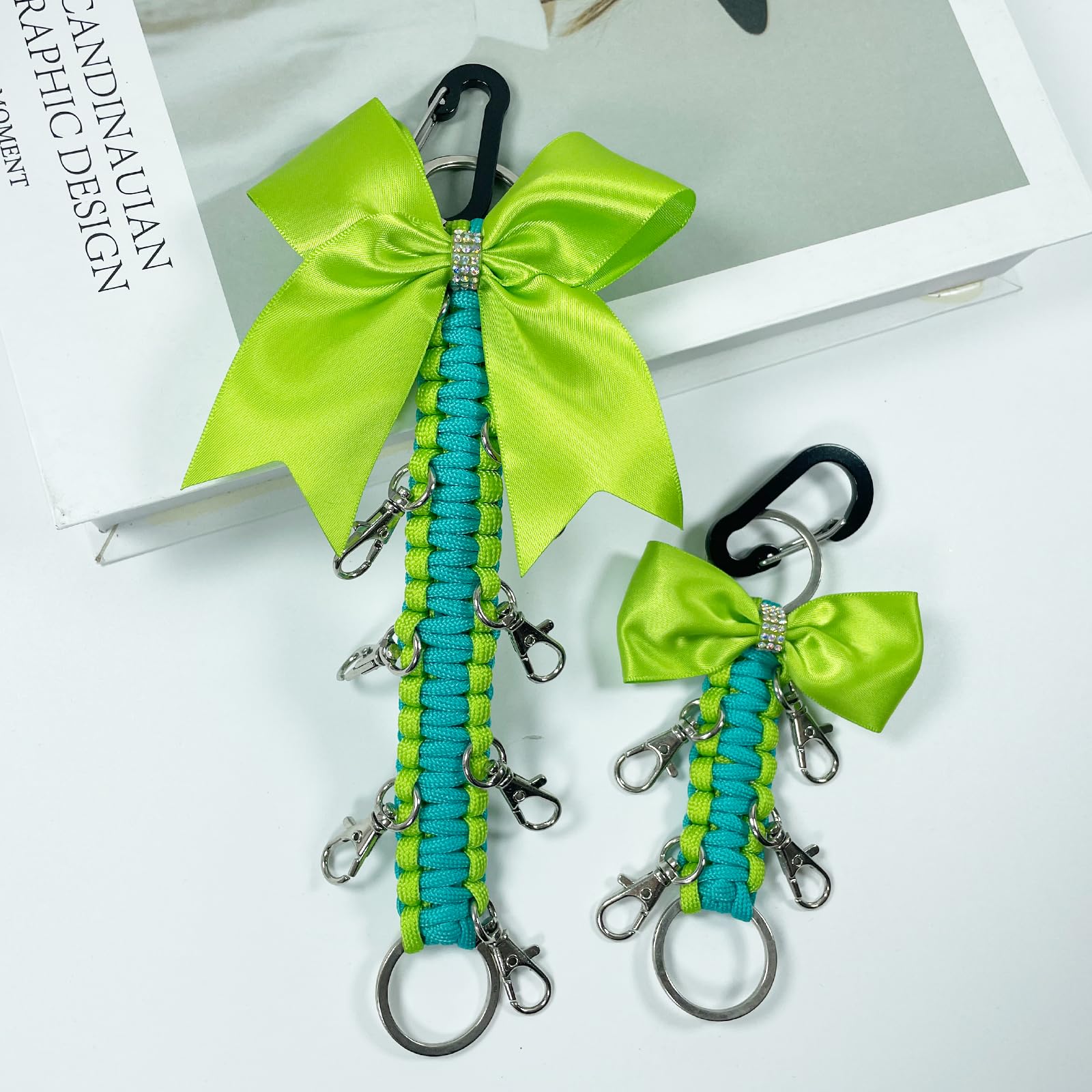 Cheer Bow Holder, 2 Pack Cheer Bow Keychains, Cheer Stuff Cheerleading Accessories, Paracord for Girls, Cheer Bow Holder for Backpack - Green Bow