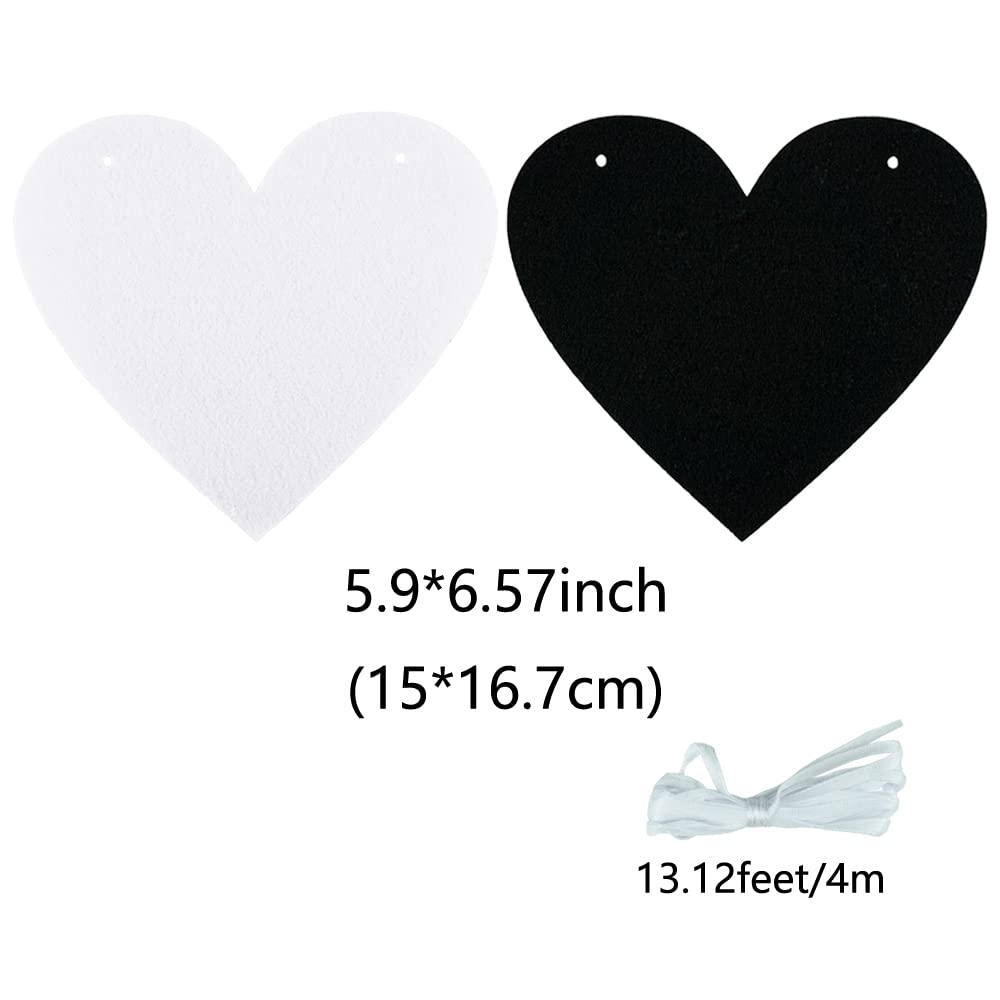 FAZHBARY 5.9inch Black White Felt Heart Garland Banner Valentines Banner for Gothic Farewell Wedding Anniversary Bachelorette Party Decor