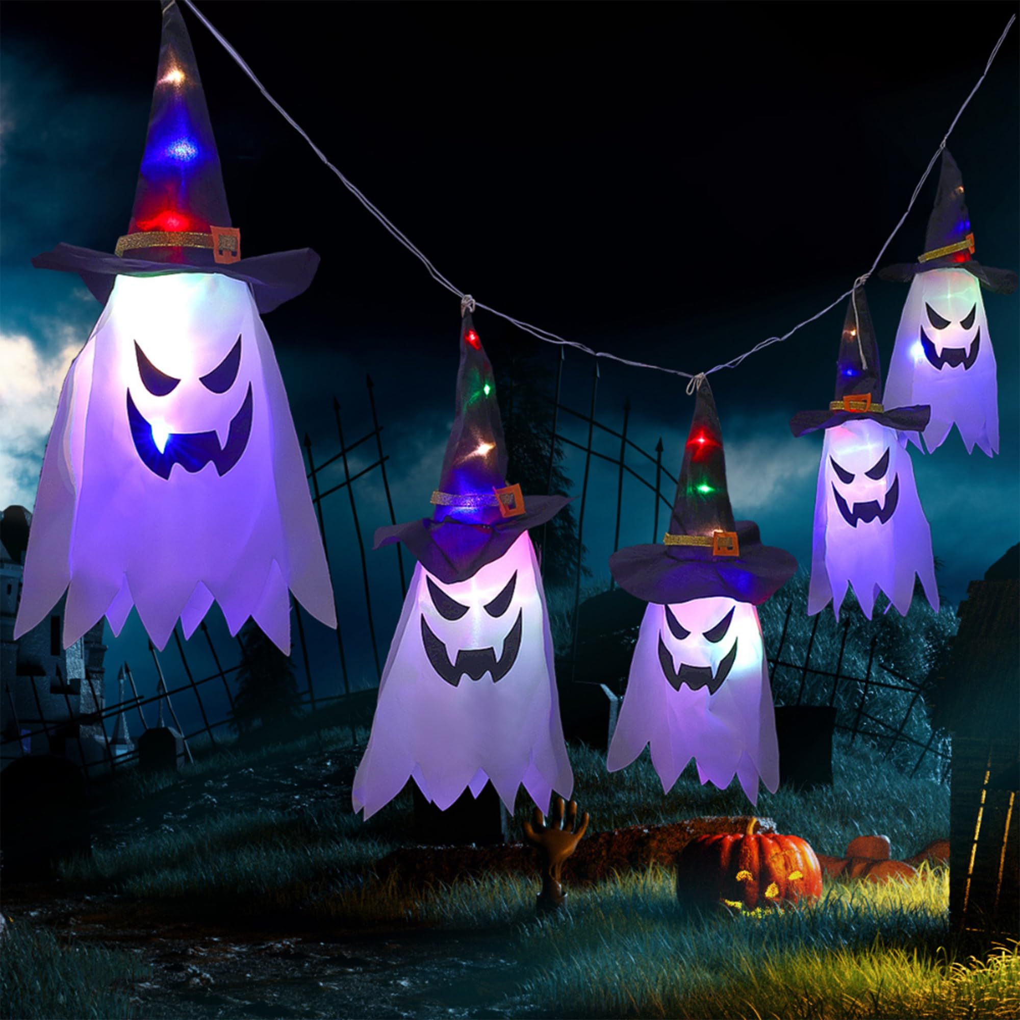 Halloween Decorations Outdoor, Halloween Flying Ghost Hats Hanging Witch Hat for Tree Decor with Lights 5 Pack Lighted Glowing Ghost Decor Indoor Outdoor Ornaments for Yard Garden