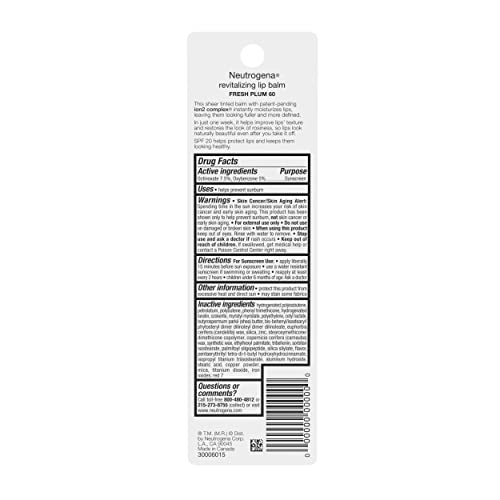 Neutrogena Revitalizing and Moisturizing Tinted Lip Balm with Sun Protective Broad Spectrum SPF 20 Sunscreen, Lip Soothing Balm with a Sheer Tint in Color Fresh Plum 60.15 oz