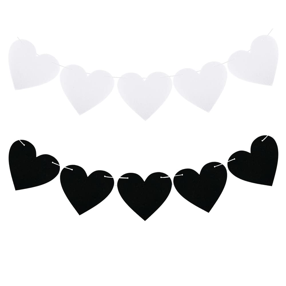 FAZHBARY 5.9inch Black White Felt Heart Garland Banner Valentines Banner for Gothic Farewell Wedding Anniversary Bachelorette Party Decor