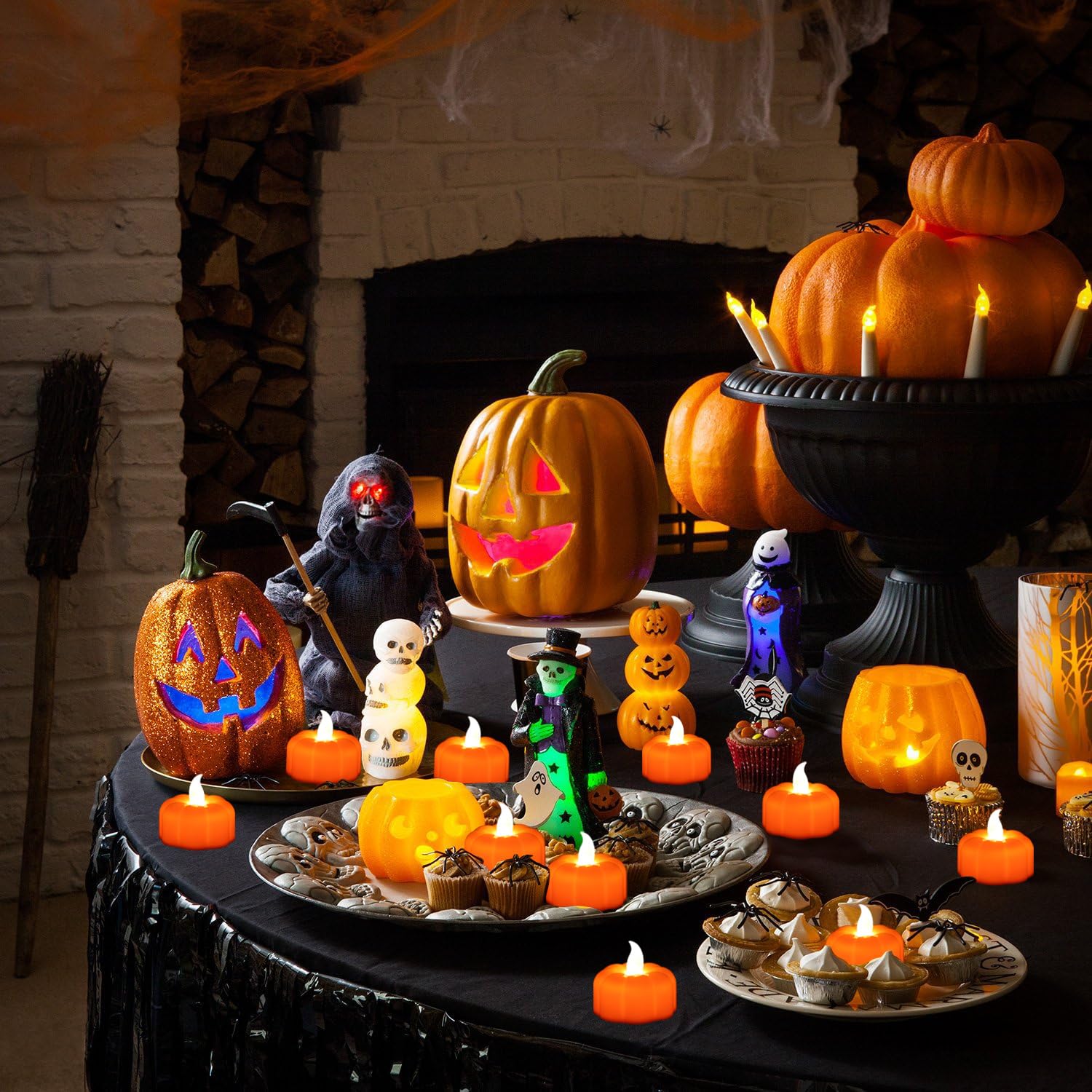 Pumpkin Tea Lights Fall Decorations, 12 Pack LED Orange Pumpkin Lights Flameless Candles Battery Operated, Halloween Thanksgiving Flickering Tealight Candle for Home Table Indoor Party Decor