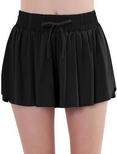 EXARUS Girls Butterfly Flowy Shorts Athletic Running 2 in 1 Cheer Preppy Tennis Dance Flutter with Pockets High Waisted Kids Black 8Y