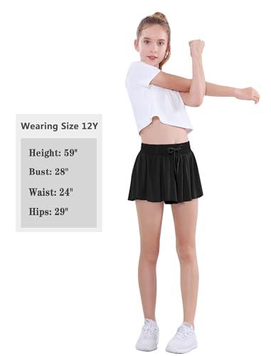 EXARUS Girls Butterfly Flowy Shorts Athletic Running 2 in 1 Cheer Preppy Tennis Dance Flutter with Pockets High Waisted Kids Black 8Y