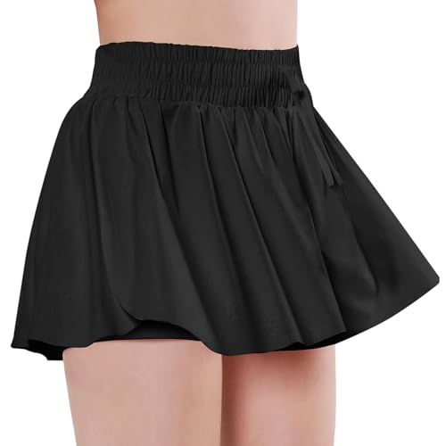 EXARUS Girls Butterfly Flowy Shorts Athletic Running 2 in 1 Cheer Preppy Tennis Dance Flutter with Pockets High Waisted Kids Black 8Y
