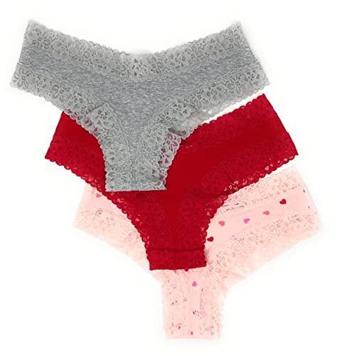Victoria's Secret Lace Cheeky Panty Set of 3 Medium Light Gray / Red / Pink Hearts