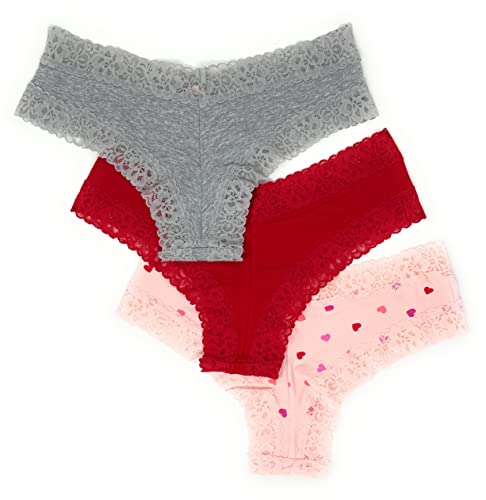 Victoria's Secret Lace Cheeky Panty Set of 3 Medium Light Gray / Red / Pink Hearts