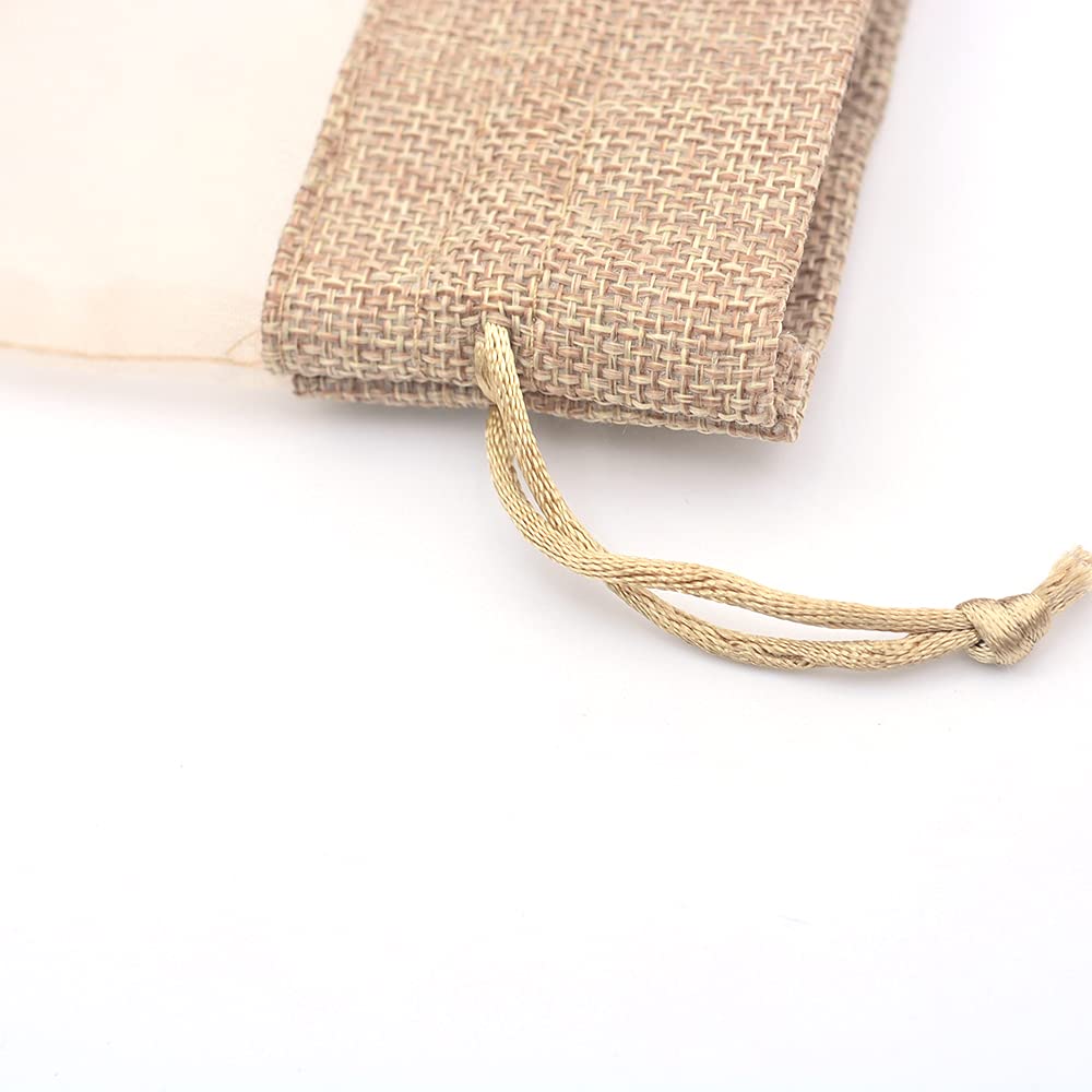 KUPOO 20PCS 3.5x5.5 Inches Clear Window Small Linen Burlap Sheer Organza Gift Bag for Wedding Party Favors Cosmetic Samples Goodies Mesh Pouch (Natural)