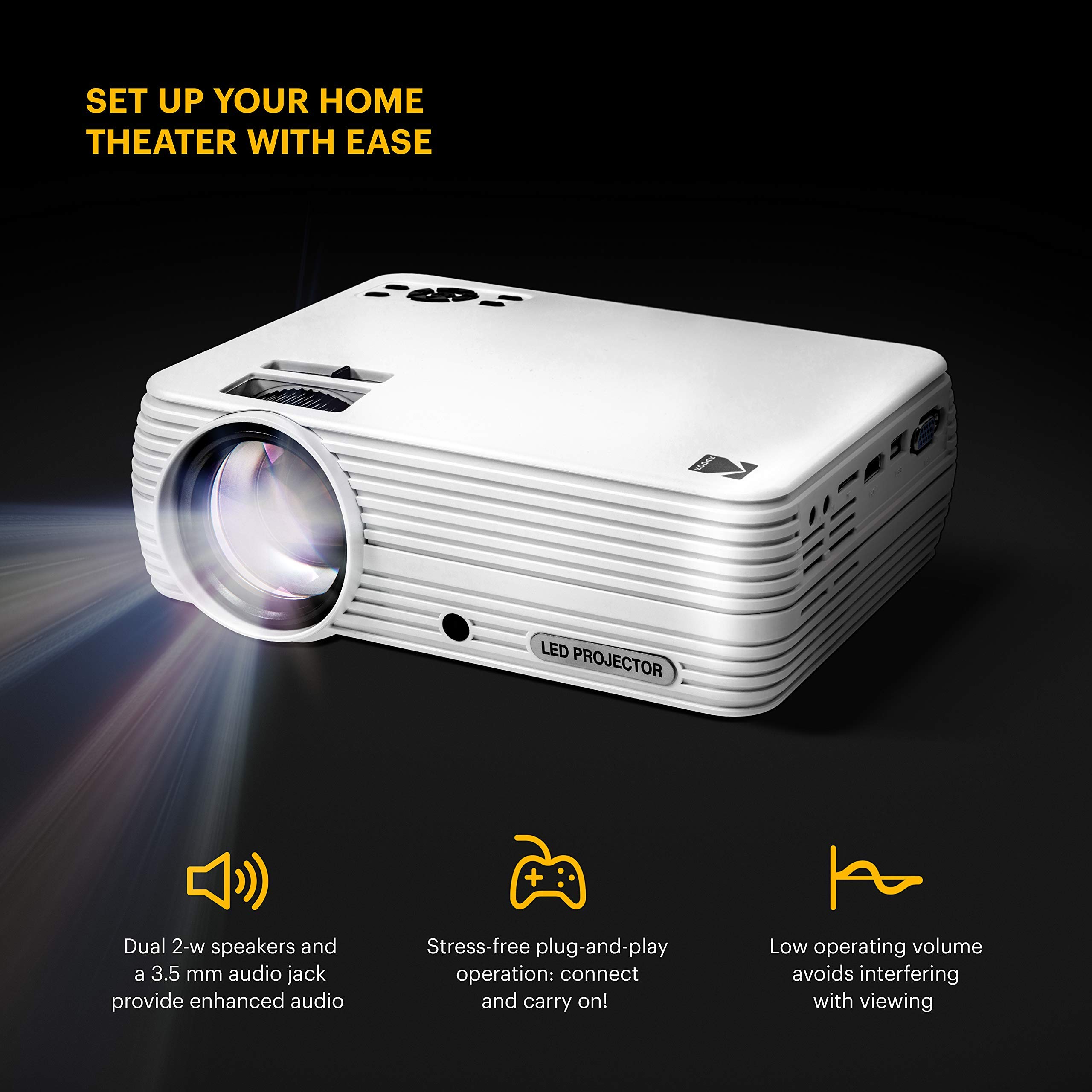 KODAK FLIK X7 Home Projector (Max 1080p HD) with Tripod, & Case | Compact, Projects Up to 150β with 720p Native Resolution & 30,000 Hour, Lumen LED Lamp| AV, VGA, HDMI & USB Compatible (Renewed)