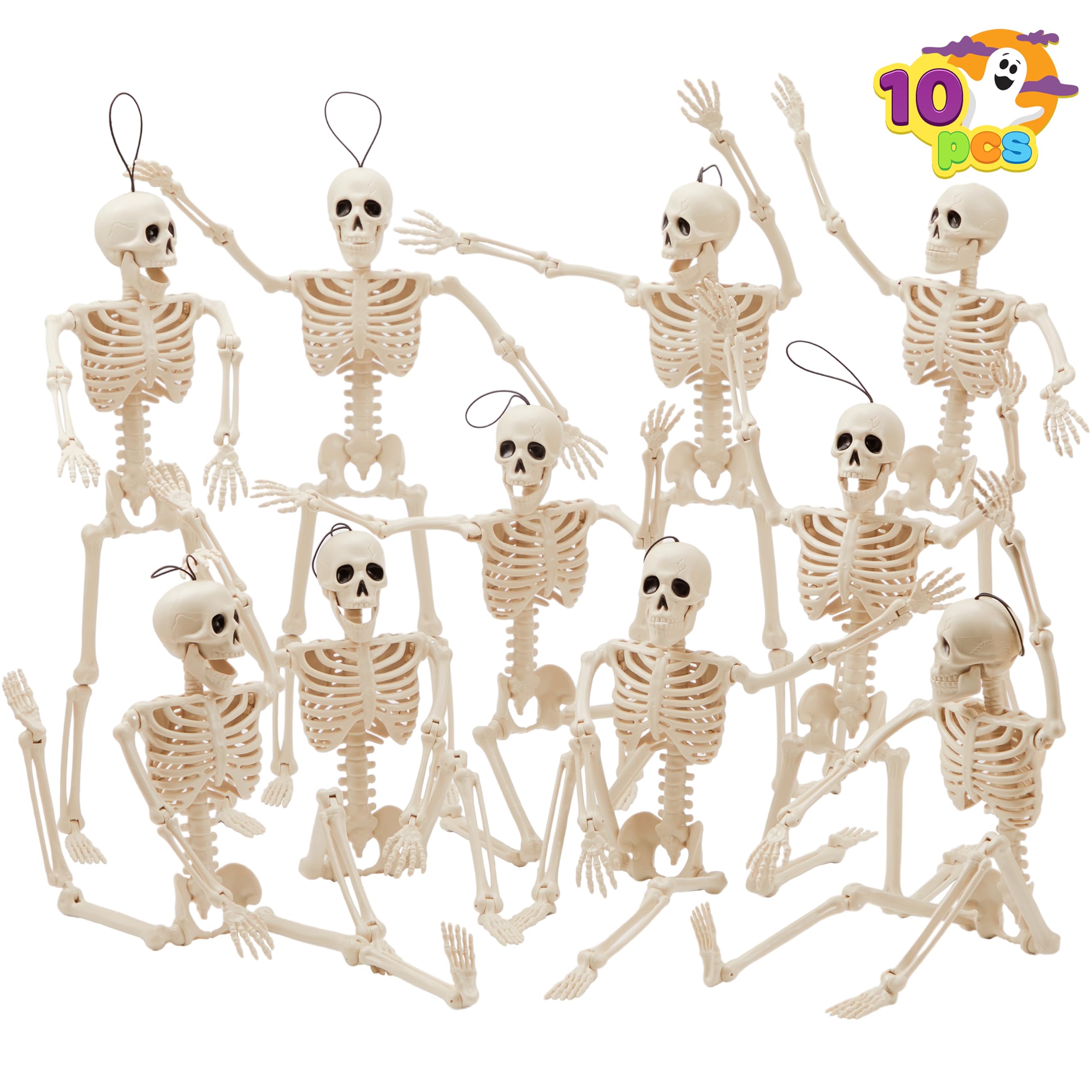 JOYIN 10 PCS 16 Inches Halloween Hanging Skeletons Full Body Skeletons Realistic Human Plastic Bones with Posable Joints for Halloween Indoor Outdoor Party Decor, Graveyard Decorations