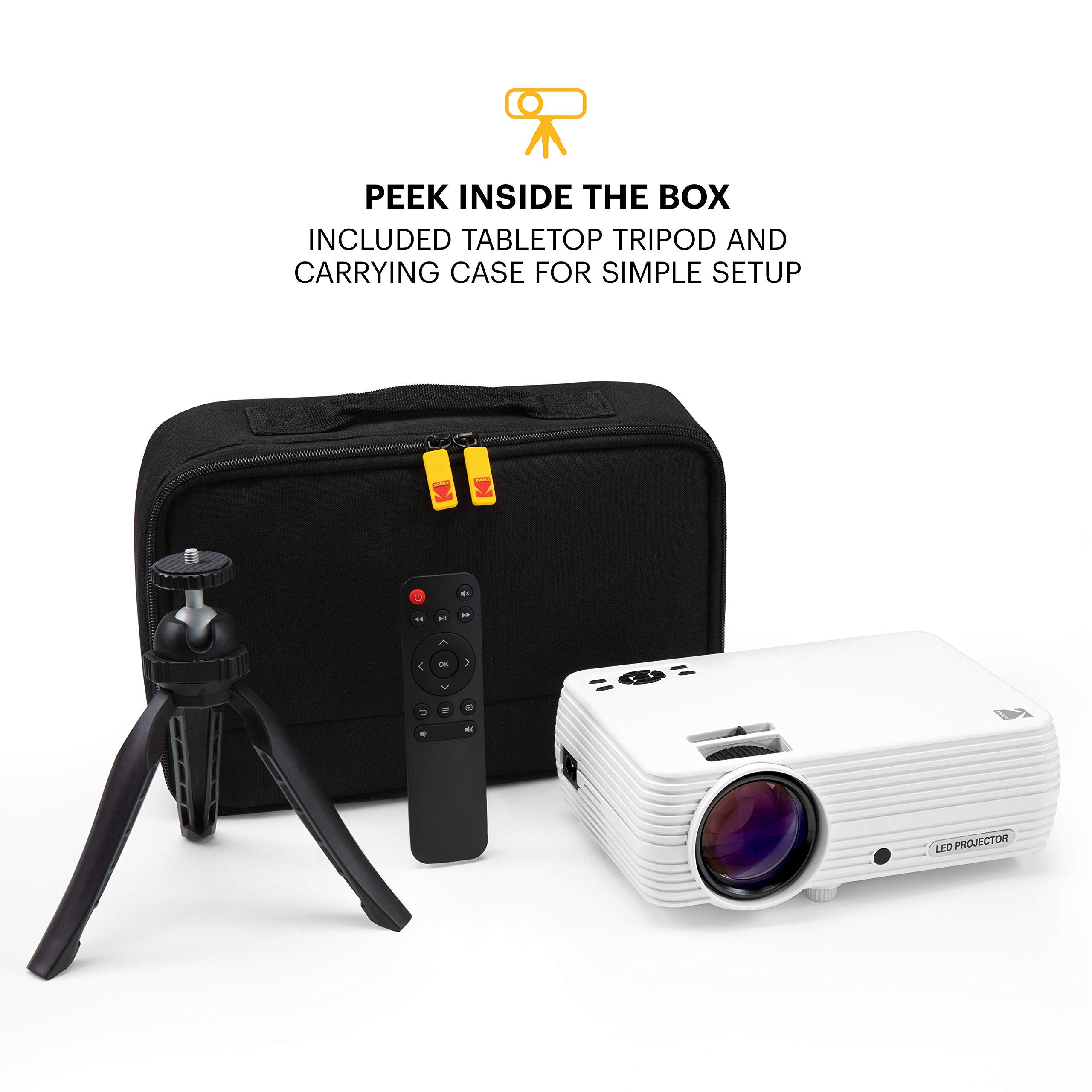 KODAK FLIK X7 Home Projector (Max 1080p HD) with Tripod, & Case | Compact, Projects Up to 150β with 720p Native Resolution & 30,000 Hour, Lumen LED Lamp| AV, VGA, HDMI & USB Compatible (Renewed)