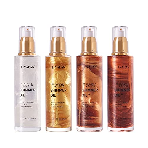Liyalan Shimmer Body Oil Rose Gold 4 Color Bronze Face Brighten Glow Pearl Highlighter Illuminator Body Makeup Shine Glitter Gold Liquid Taning(2.8 Fl Oz/#02)