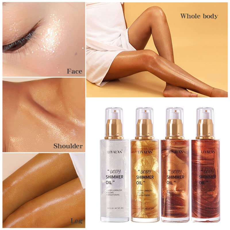 Liyalan Shimmer Body Oil Rose Gold 4 Color Bronze Face Brighten Glow Pearl Highlighter Illuminator Body Makeup Shine Glitter Gold Liquid Taning(2.8 Fl Oz/#02)
