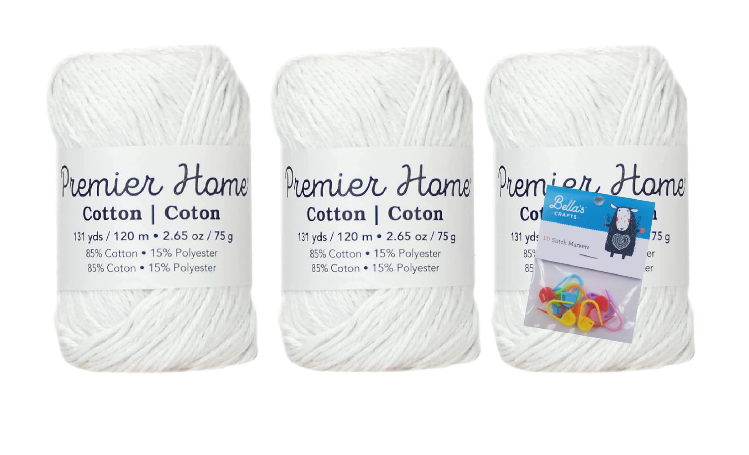 Premier Home Cotton Yarn 3-Pack - 2.65 Oz - Medium 4 - Bundle with Bella's Crafts Stitch Markers (White)