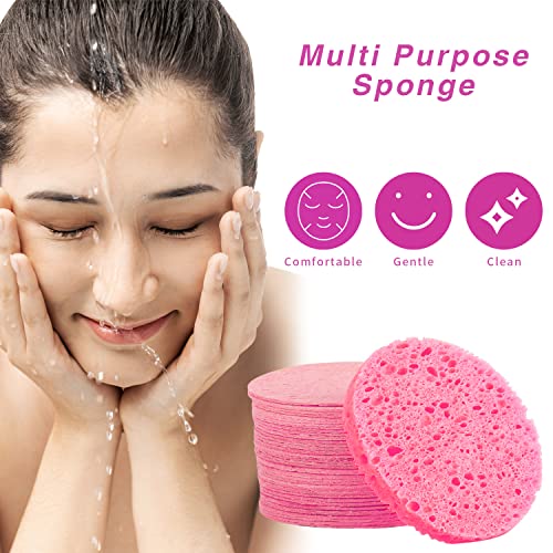 GAINWELL 50-Count Compressed Facial Sponges for Daily Facial Cleansing and Exfoliating, 100% Natural Cosmetic Spa Sponges for Makeup Remover, Reusable, Pink