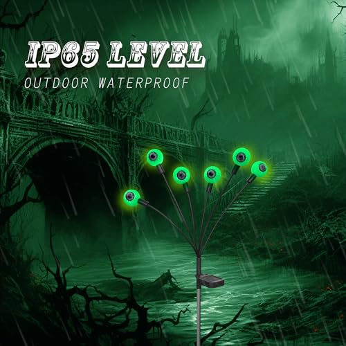 Halloween Decorations Outdoor Solar Scary Eyeball Lights - 2 Pack 12 LED Waterproof Halloween Path Lights, Green Eyeball Swaying Firefly Lights for Yard/Garden/Lawn/Party/Landscape Decoration