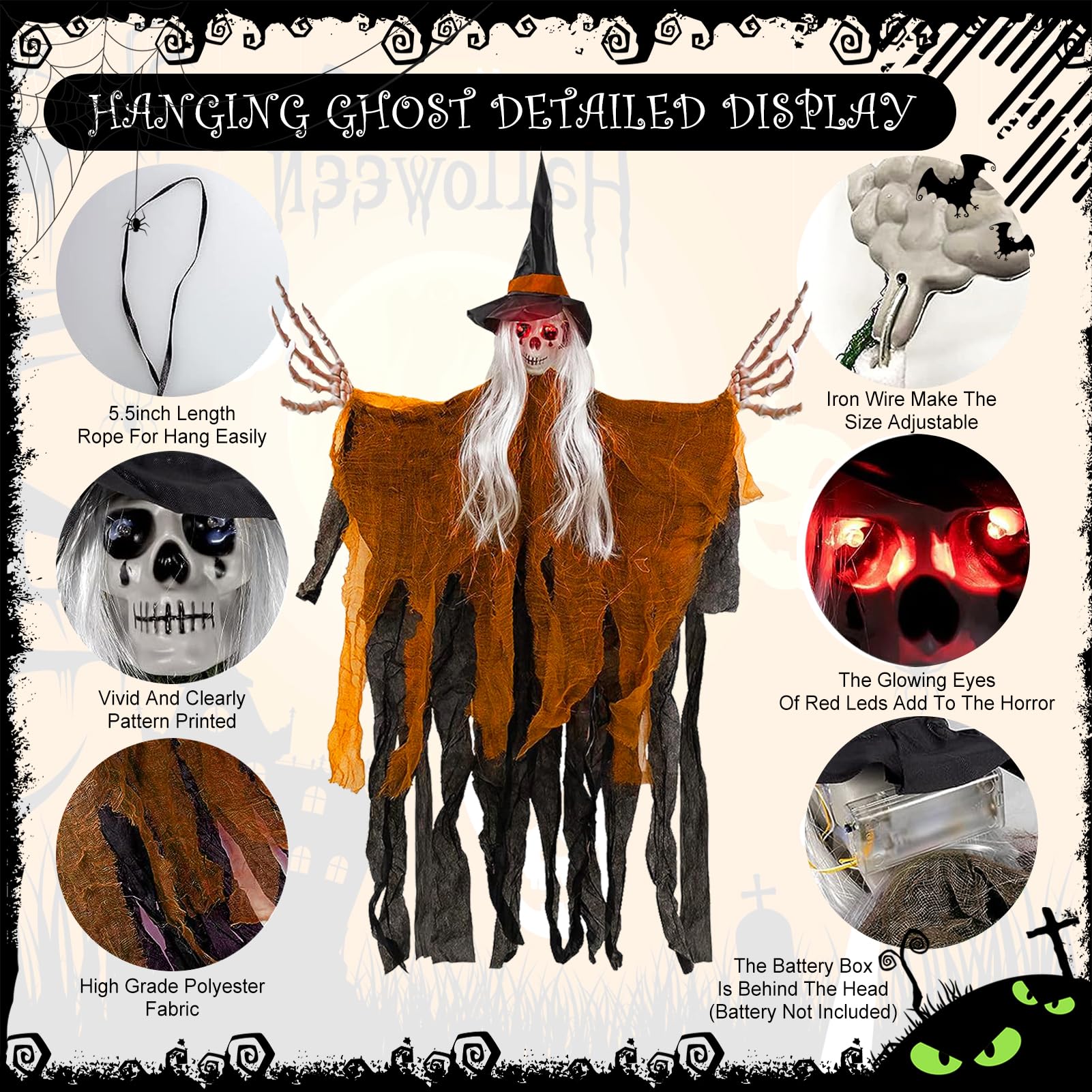 Halloween Hanging Decorations Outdoor - 3 Pack 41" Halloween Hanging Ghost Skeleton with Wizard Hat with Glowing Eyes for Halloween Porch Yard Garden Tree Outside Decorations