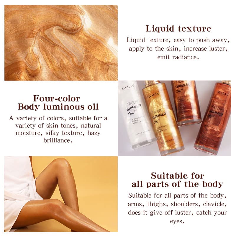 Liyalan Shimmer Body Oil Rose Gold 4 Color Bronze Face Brighten Glow Pearl Highlighter Illuminator Body Makeup Shine Glitter Gold Liquid Taning(2.8 Fl Oz/#02)