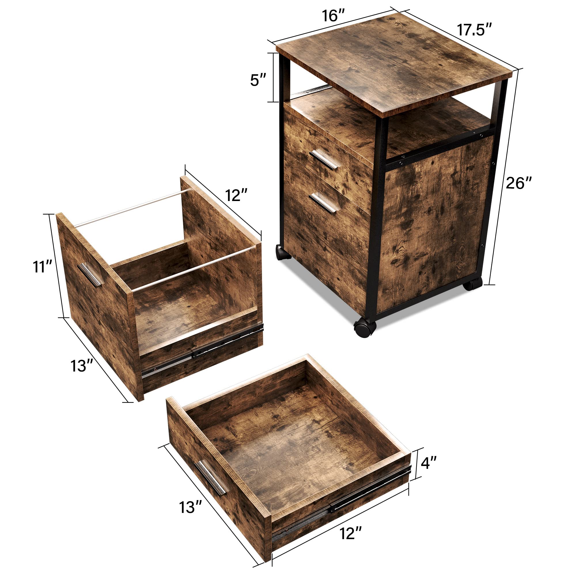 TC-HOMENY Mobile File Cabinet on Wheels Office Cabinet with 2 Drawers, Wood Filing Cabinet fits A4 or Letter Size for Home Office, Rustic Brown
