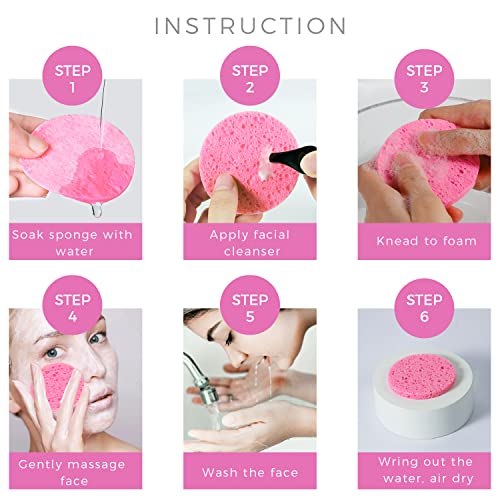 GAINWELL 50-Count Compressed Facial Sponges for Daily Facial Cleansing and Exfoliating, 100% Natural Cosmetic Spa Sponges for Makeup Remover, Reusable, Pink