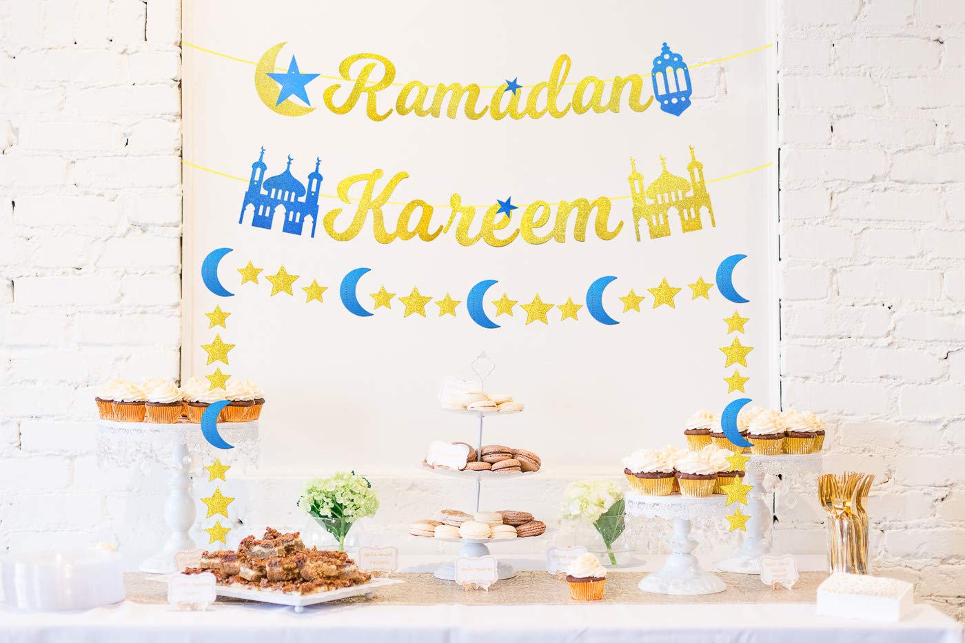 Ramadan Kareem Banner Gold Glitter Ramadan Kareem Decorations for Home, Eid Ramadan Mubarak Festival Party Decoration, Ramadan Banner Moon Star Lantern Garland Mantle Fireplace