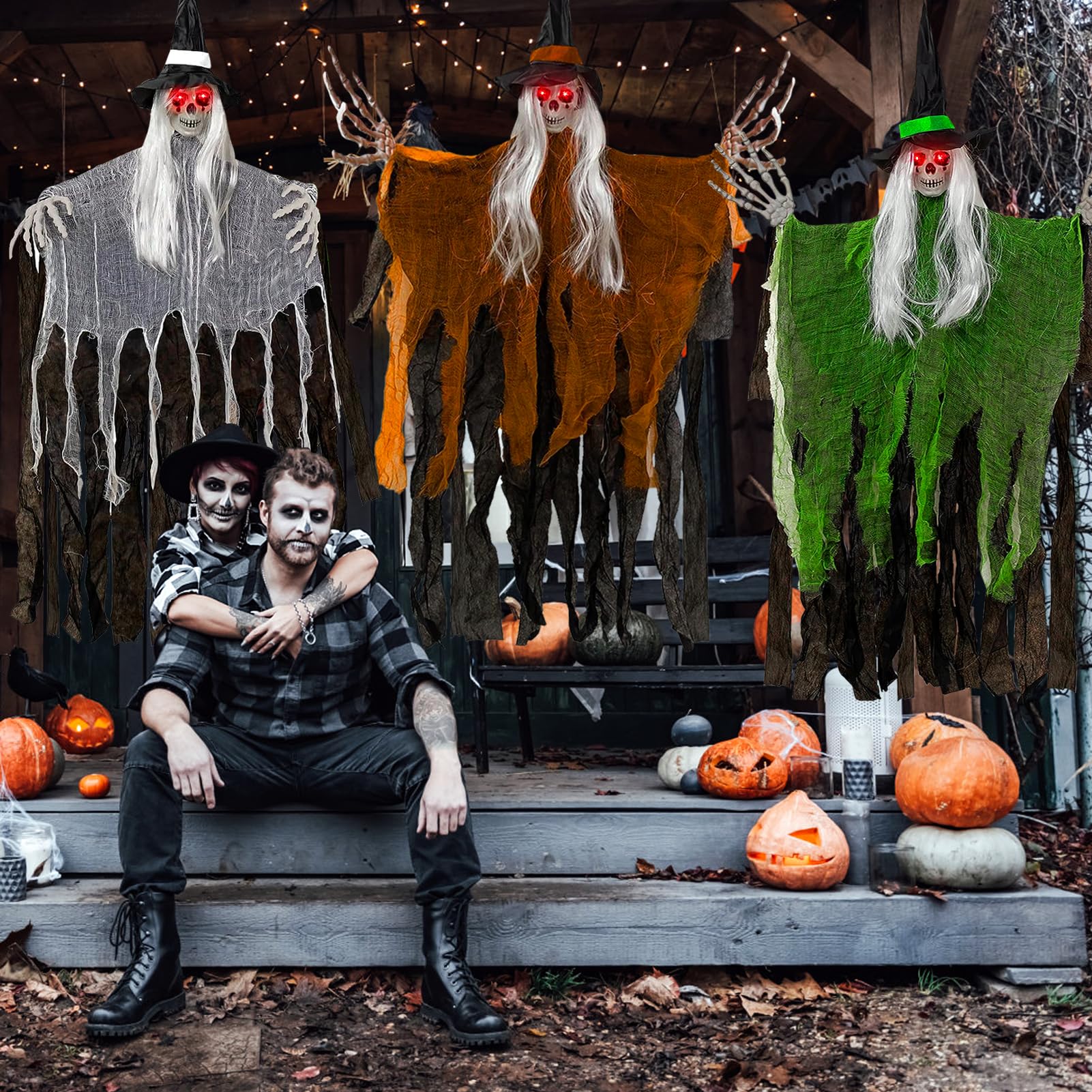 Halloween Hanging Decorations Outdoor - 3 Pack 41" Halloween Hanging Ghost Skeleton with Wizard Hat with Glowing Eyes for Halloween Porch Yard Garden Tree Outside Decorations