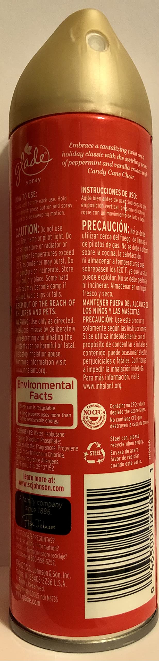 Glade Air Freshener Spray - Candy Cane Cheer - Holiday Collection 2020 - Net Wt. 8 OZ (227 g) Per Can - Pack of 4 Cans