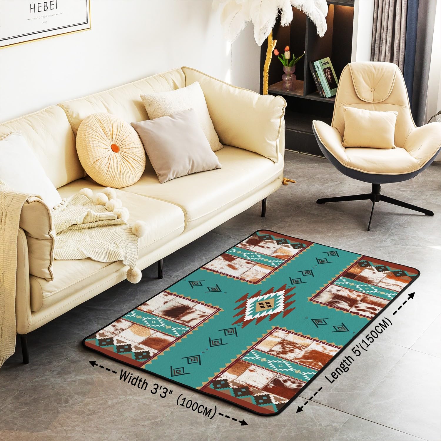 Erosebridal Patchwork Cowhide Area Rug 3x5 Geometric Diamond Triangle Western Non Slip Washable Carpet for Bedsides,Ethnic Tribe Arrow Aztec Rug Farm Animals Bull Cow Print Southwestern Decor