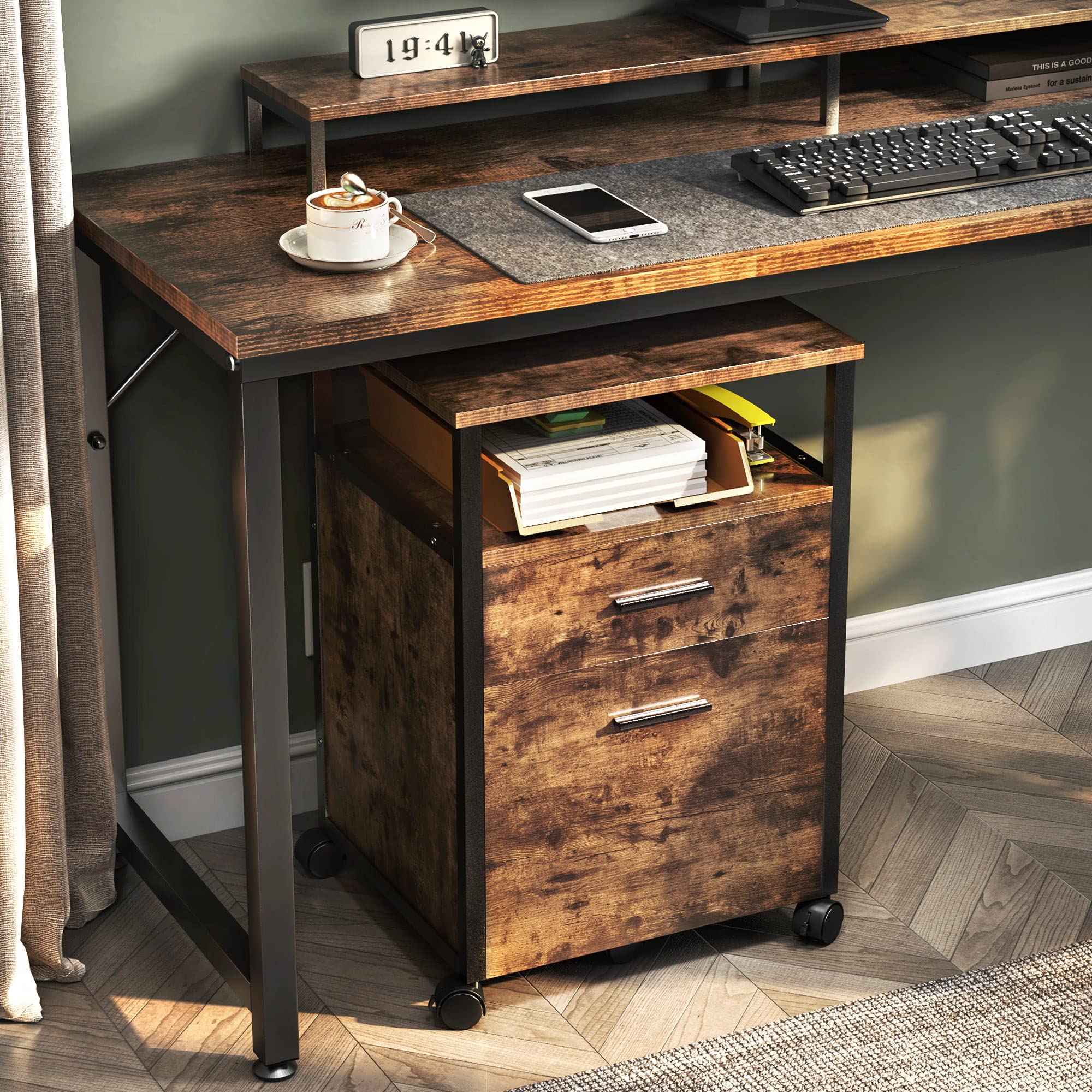 TC-HOMENY Mobile File Cabinet on Wheels Office Cabinet with 2 Drawers, Wood Filing Cabinet fits A4 or Letter Size for Home Office, Rustic Brown