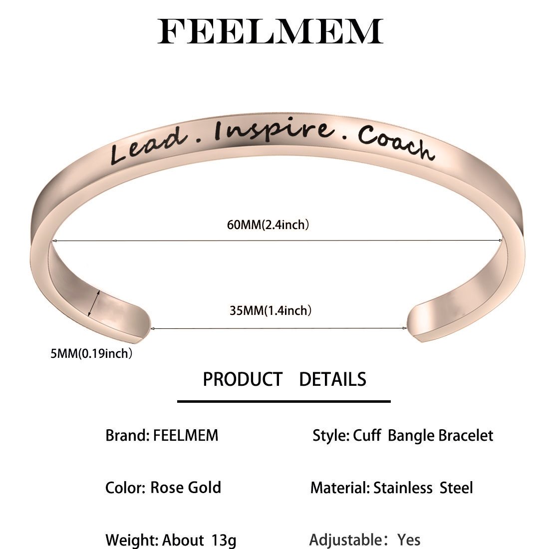 FEELMEM Cheerleader Bracelet Lead Inspire Coach Cuff Bangle Bracelet,Cheer Jewelry(RG)