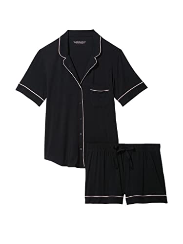 Victoria's Secret Modal Short Pajama Set, Black W Angel Pink Piping, Medium