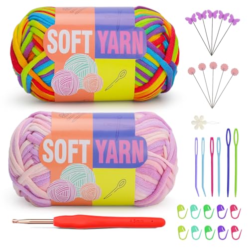 IMZAY 100g/3.52OZ Yarn for Crocheting, Cotton Yarn and Yarn for Beginners with Easy-to-See Stitches, Ergonomic Handle Hooks, Cotton Nylon Chunky Yarn for Crocheting and Knitting-Pink and Rainbow