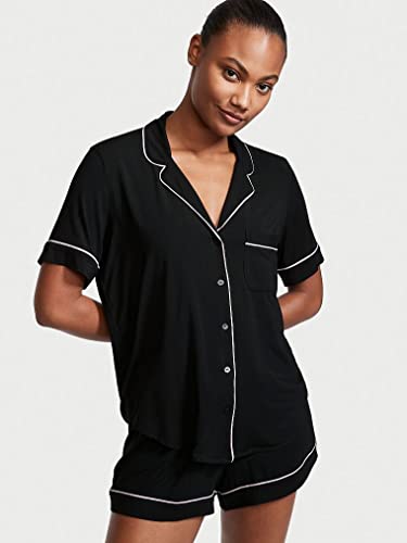Victoria's Secret Modal Short Pajama Set, Black W Angel Pink Piping, Medium