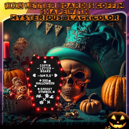 PerKoop LED Coffin Letter Board Gothic Letter Board Lights Up Halloween Felt Letter Board Sign with Spooky Letter Stand Gothic Decor Halloween Movie Night Decoration(Black)