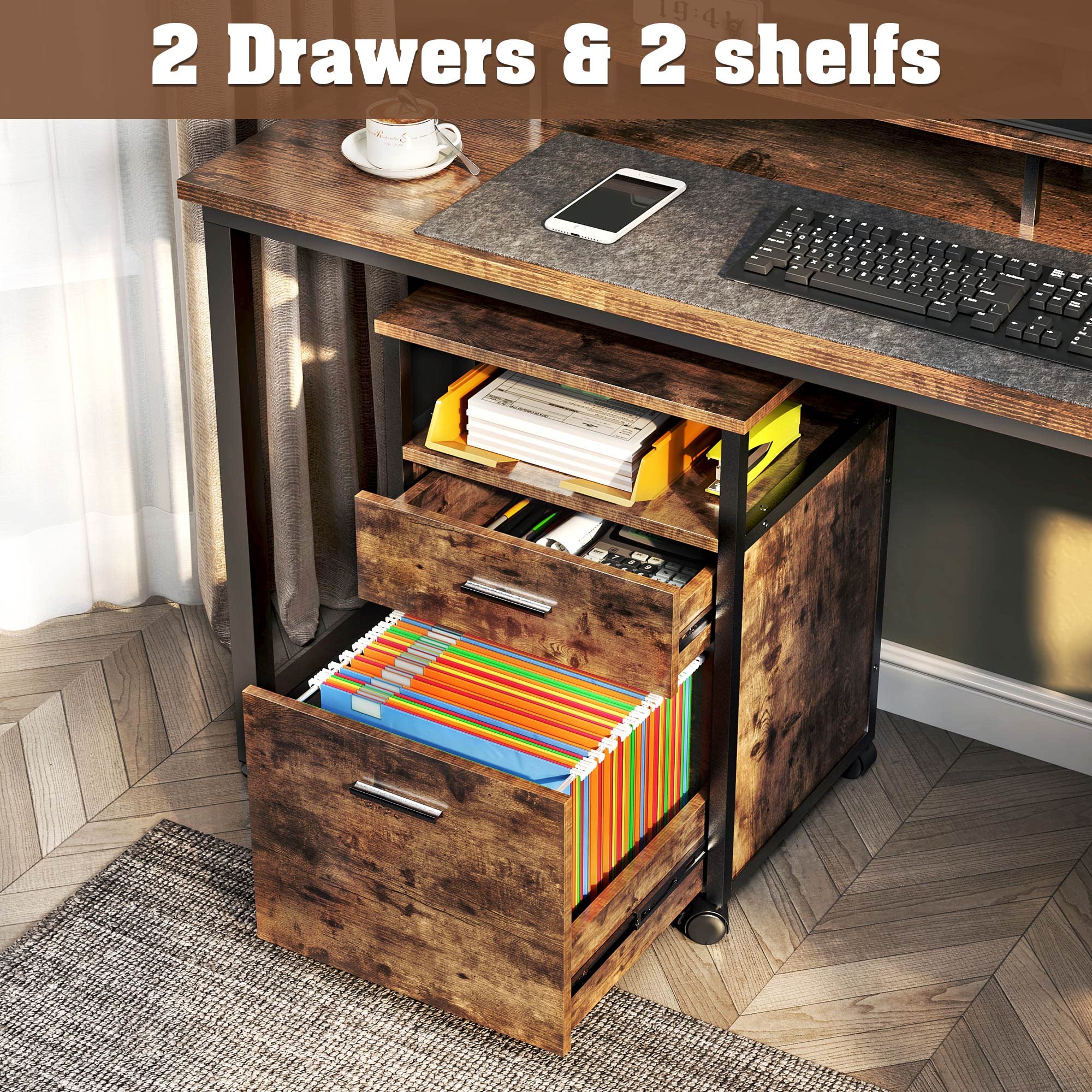 TC-HOMENY Mobile File Cabinet on Wheels Office Cabinet with 2 Drawers, Wood Filing Cabinet fits A4 or Letter Size for Home Office, Rustic Brown