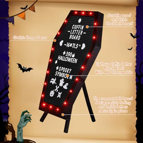 PerKoop LED Coffin Letter Board Gothic Letter Board Lights Up Halloween Felt Letter Board Sign with Spooky Letter Stand Gothic Decor Halloween Movie Night Decoration(Black)