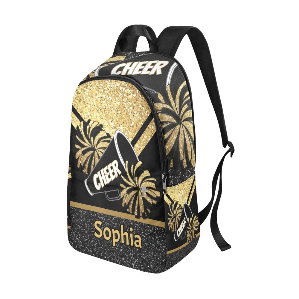 XOZOTY Cheer Cheerleader Gold Black Backpack Personalized Name Shoulder Bag Travel Daypack for Gift