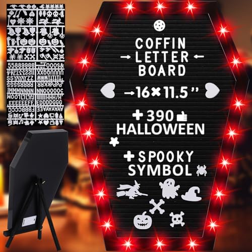 PerKoop LED Coffin Letter Board Gothic Letter Board Lights Up Halloween Felt Letter Board Sign with Spooky Letter Stand Gothic Decor Halloween Movie Night Decoration(Black)
