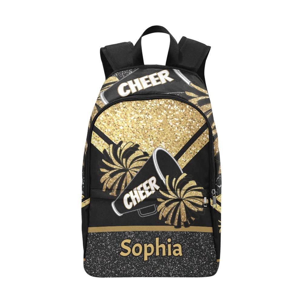 XOZOTY Cheer Cheerleader Gold Black Backpack Personalized Name Shoulder Bag Travel Daypack for Gift