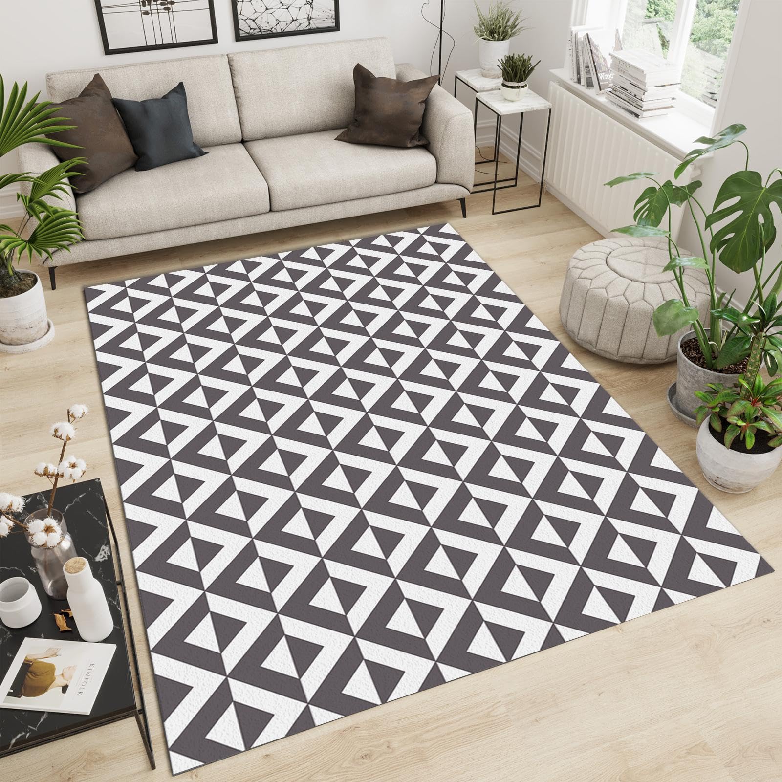Abstract Black and White Geometric Irregular Print Area Rugs, Retro Irregular Gray Diamond Stripe Art Bedroom Rug, with Anti-Slip Backing Washable Carpet for Living Room Study Dining Room -5' x 7'