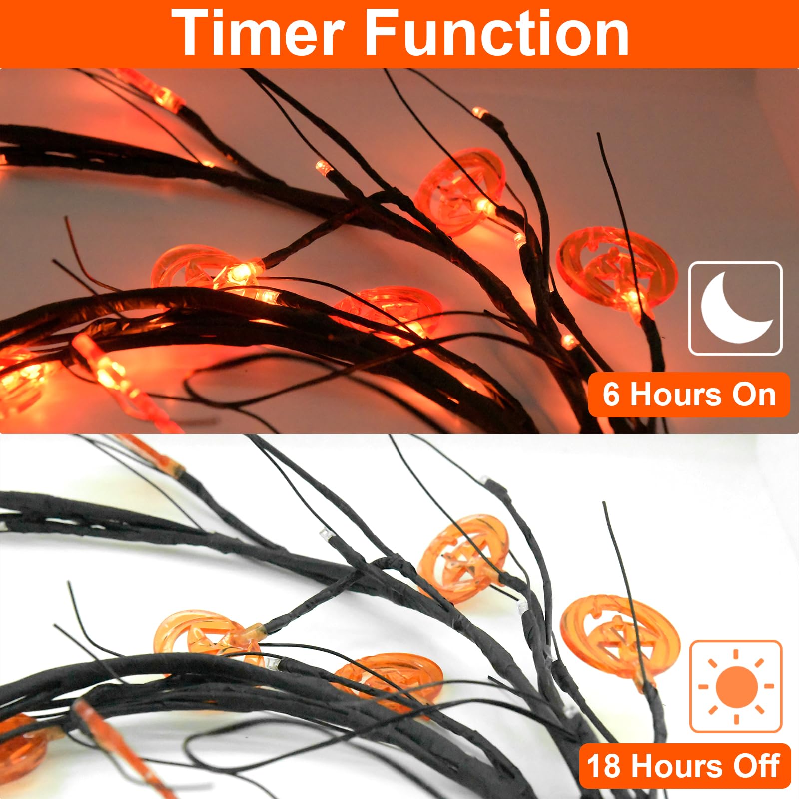 BOLWEO Halloween Willow Vine Twig Garland Lights, 6ft Pumpkin Lights Battery Operated with Timer 8 Modes Waterproof Halloween Decorations for Wall Window Door