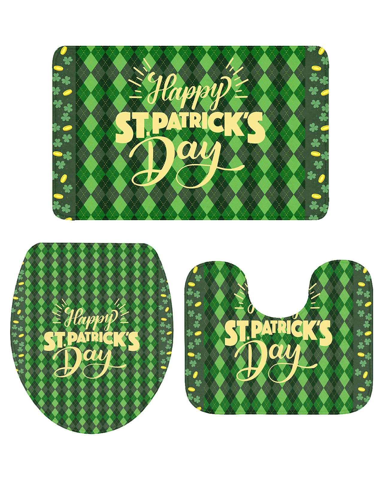 Bath Rugs for Bathroom Set 3 Piece St. Patrick's Day Green Diamond Plaid Lucky Shamrocks Clovers Non-Slip Washable Memory Foam Absorbent Bath Mat Rugs,U-Shaped Toilet Floor Mats,Toilet Lid Cover