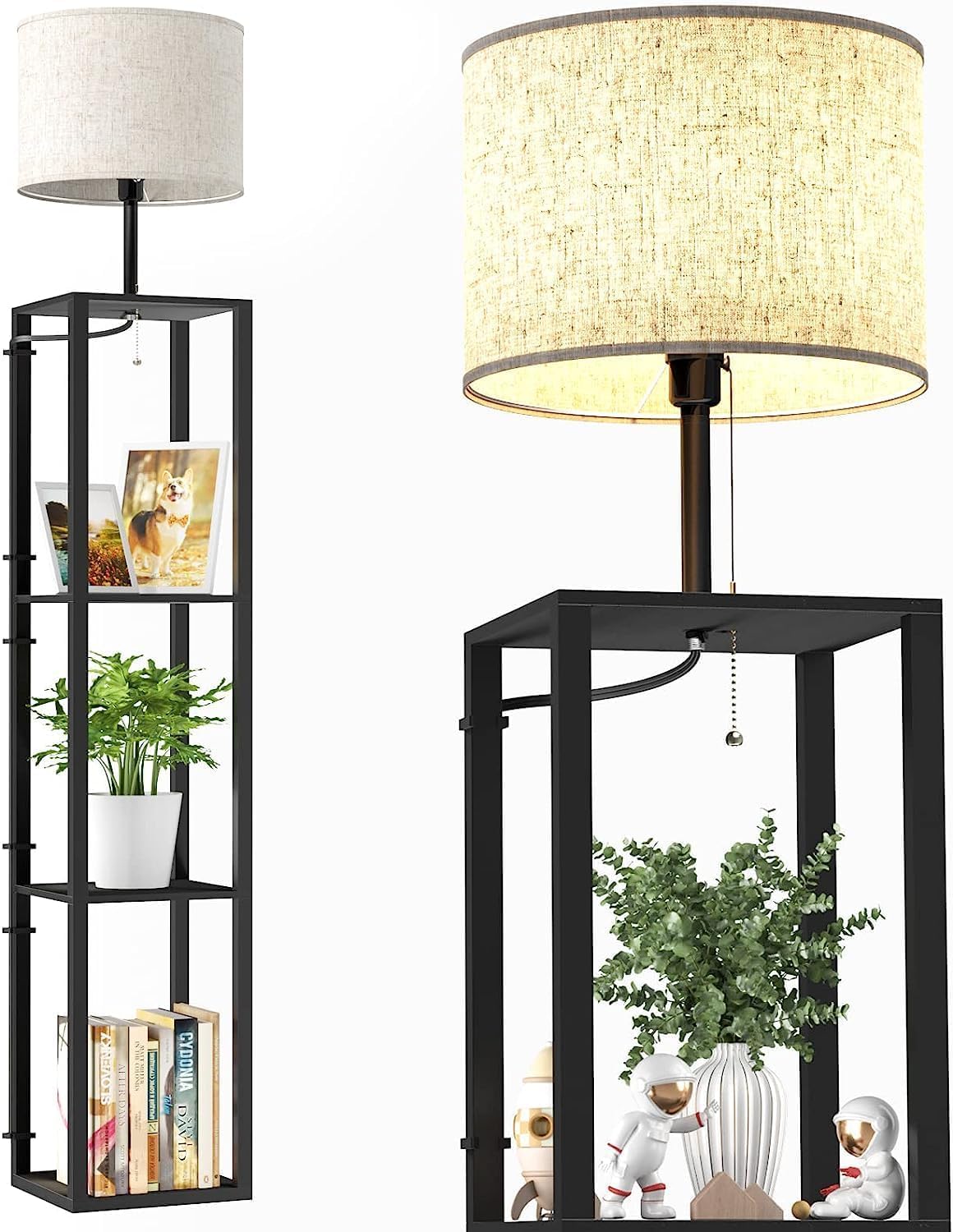 luckystyle Shelf Floor Lamp with Led Bulb, Corner Display Solid Wood Standing Lamp,White Linen Shade Column Floor Lamp with Shelves, 3 Tiered Storage Floor Lamps for Living Room, Bedroom Office