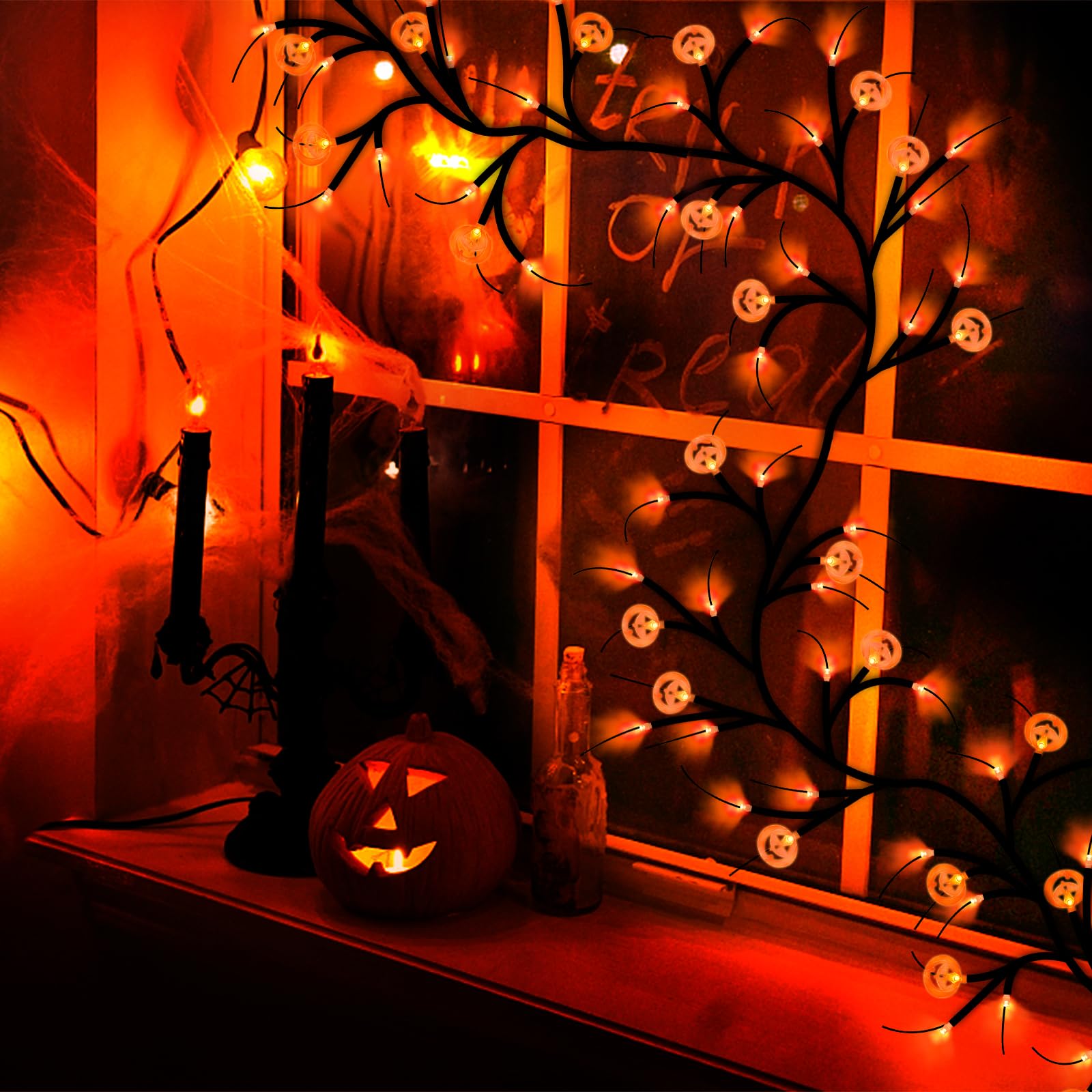 BOLWEO Halloween Willow Vine Twig Garland Lights, 6ft Pumpkin Lights Battery Operated with Timer 8 Modes Waterproof Halloween Decorations for Wall Window Door