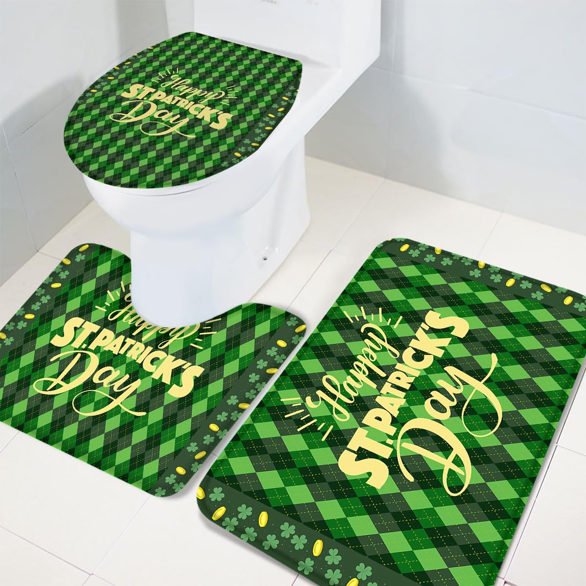 Bath Rugs for Bathroom Set 3 Piece St. Patrick's Day Green Diamond Plaid Lucky Shamrocks Clovers Non-Slip Washable Memory Foam Absorbent Bath Mat Rugs,U-Shaped Toilet Floor Mats,Toilet Lid Cover