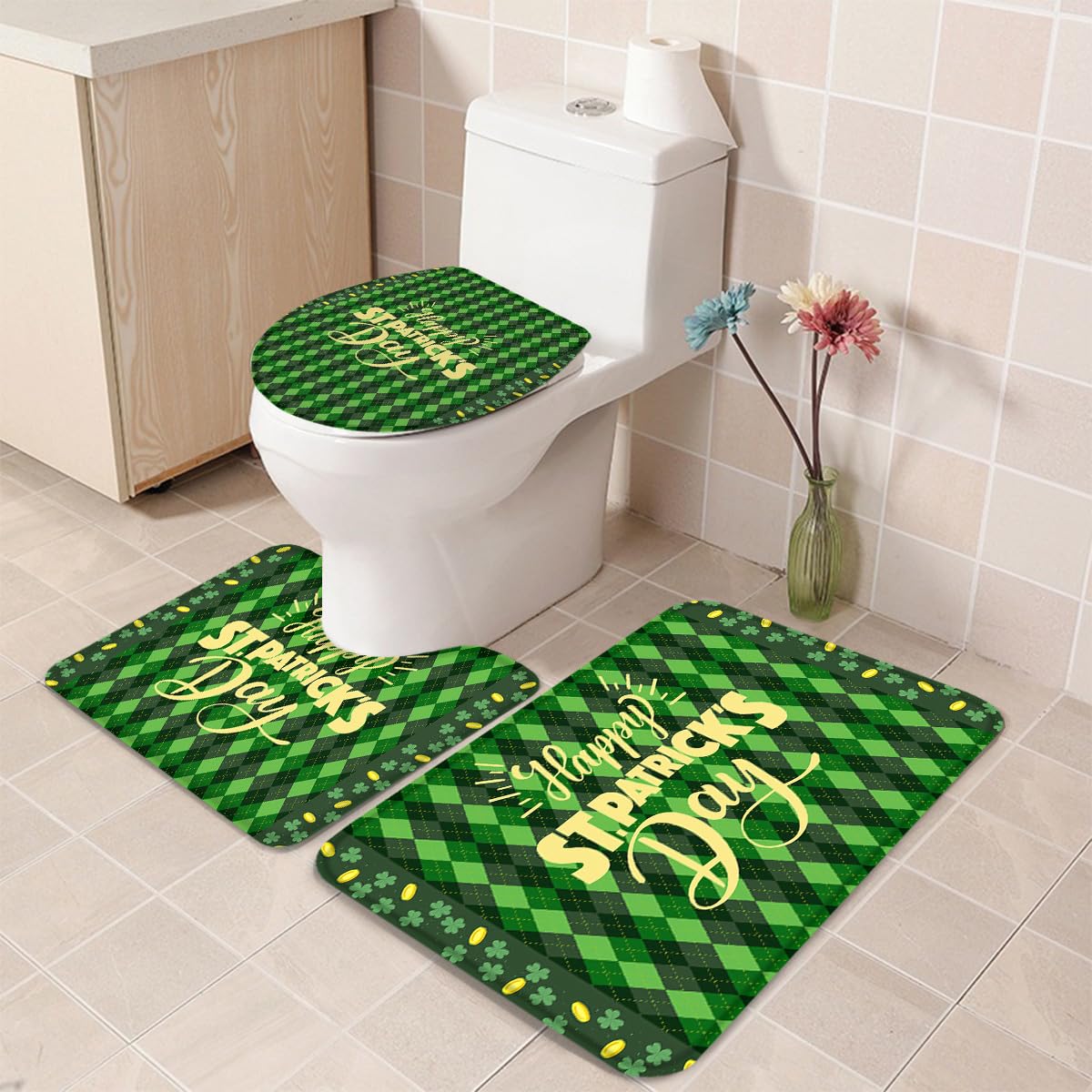 Bath Rugs for Bathroom Set 3 Piece St. Patrick's Day Green Diamond Plaid Lucky Shamrocks Clovers Non-Slip Washable Memory Foam Absorbent Bath Mat Rugs,U-Shaped Toilet Floor Mats,Toilet Lid Cover