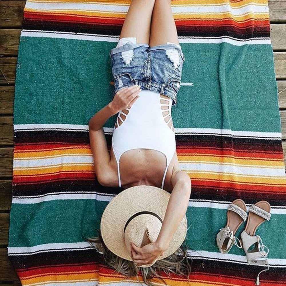 Open Road Goods Teal/Turquoise Diamond Mexican Yoga Blanket, Thick Serape with Red and Yellow Sunset Stripes - Handmade