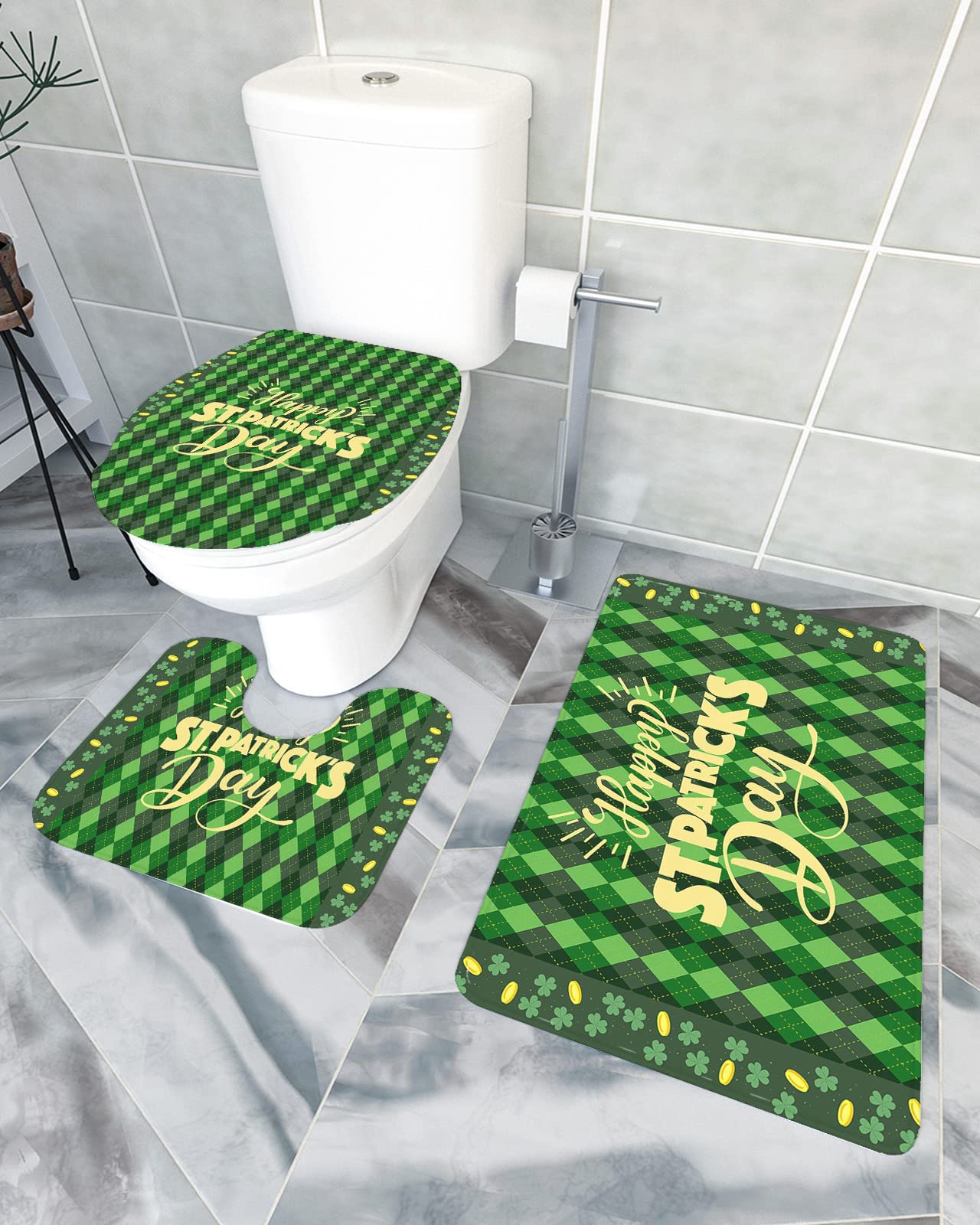 Bath Rugs for Bathroom Set 3 Piece St. Patrick's Day Green Diamond Plaid Lucky Shamrocks Clovers Non-Slip Washable Memory Foam Absorbent Bath Mat Rugs,U-Shaped Toilet Floor Mats,Toilet Lid Cover